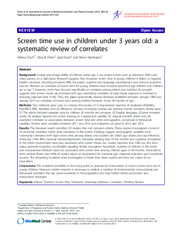 (PDF) Screen time use in children under 3 years old: a systematic ...