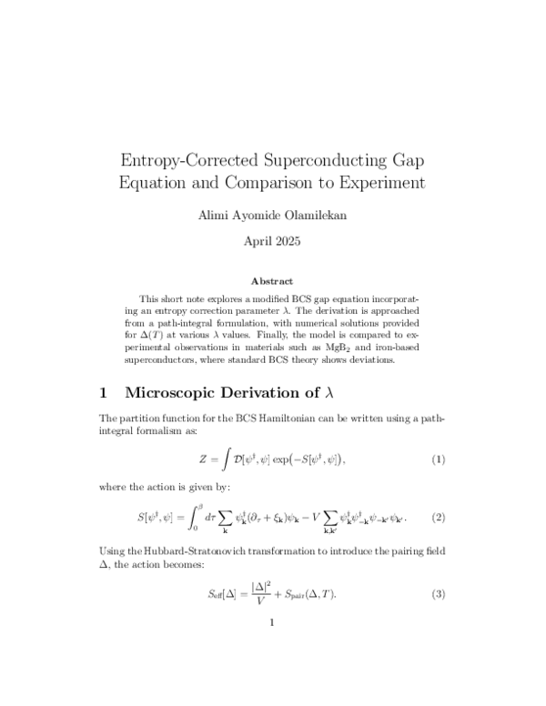 (PDF) Entropy-Corrected Superconducting Gap Equation and Comparison to Experiment