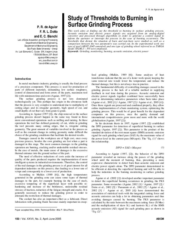 (PDF) Study of thresholds to burning in surface grinding process
