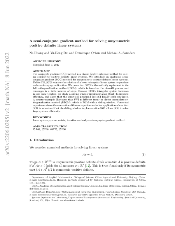 (PDF) A semi-conjugate gradient method for solving unsymmetric positive definite linear systems