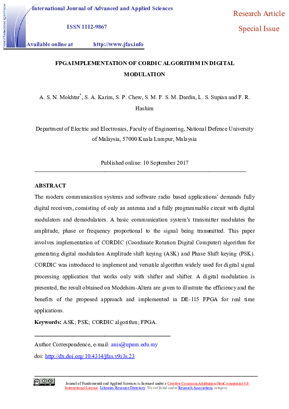 (PDF) FPGA implementation of CORDIC algorithm in digital modulation