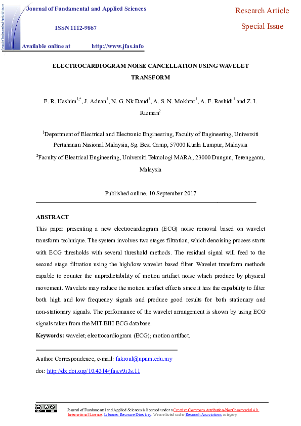 (PDF) Electrocardiogram noise cancellation using wavelet transform