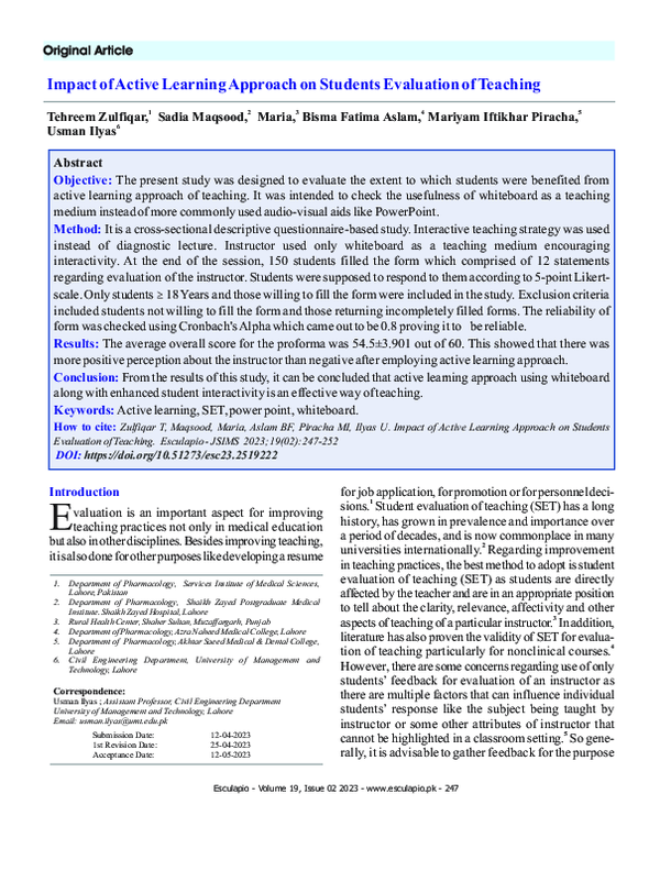 (PDF) Impact of Active Learning Approach on Students Evaluation of Teaching