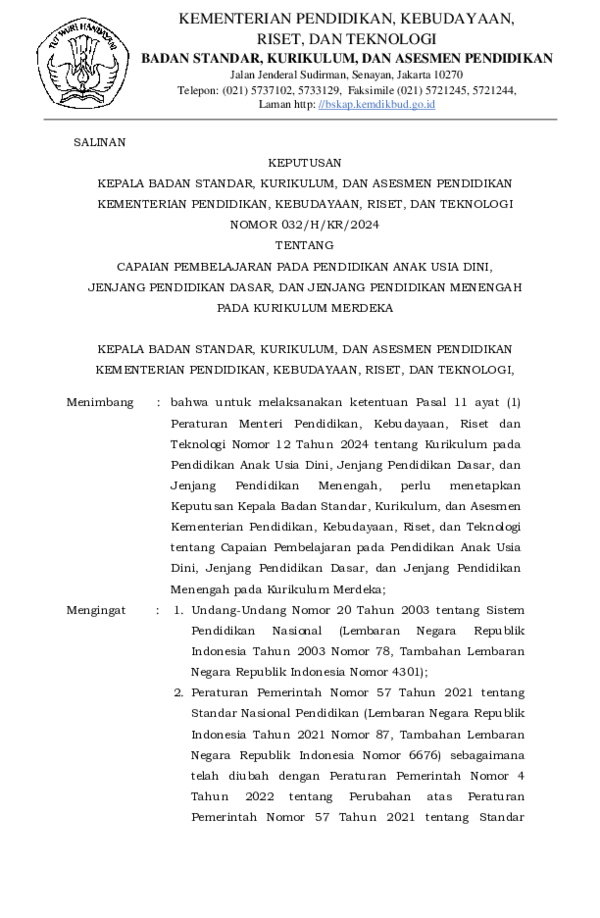(PDF) Keputusan Kepala BSKAP NOMOR 032 Kementerian Pendidikan ...