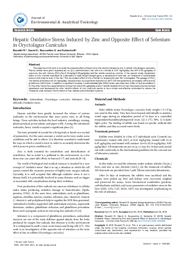 Pdf Hepatic Oxidative Stress Induced By Zinc And Opposite Effect Of Selenium In Oryctolagus