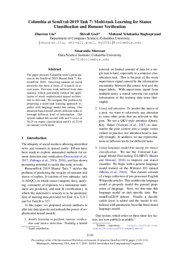 (PDF) Columbia at SemEval-2019 Task 7: Multi-task Learning for Stance Classification and Rumour ...