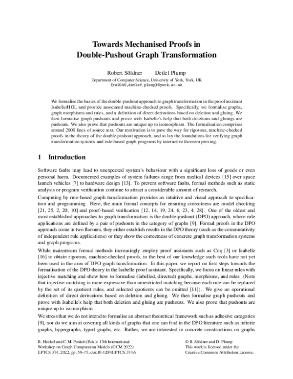 (PDF) Towards Mechanised Proofs in Double-Pushout Graph Transformation