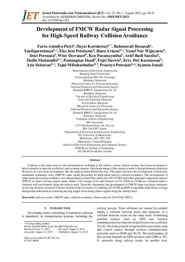 (PDF) Development of FMCW Radar Signal Processing for High-Speed Railway Collision Avoidance