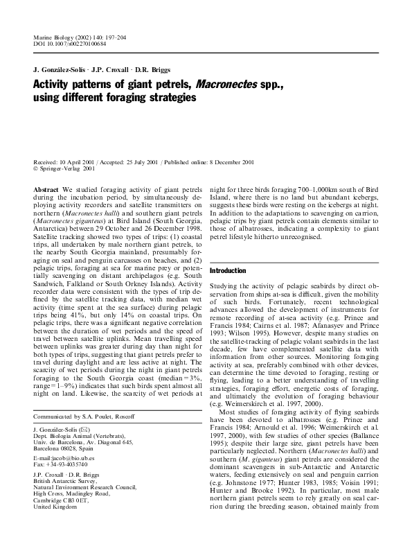 (PDF) Activity patterns of giant petrels, Macronectes spp., using ...