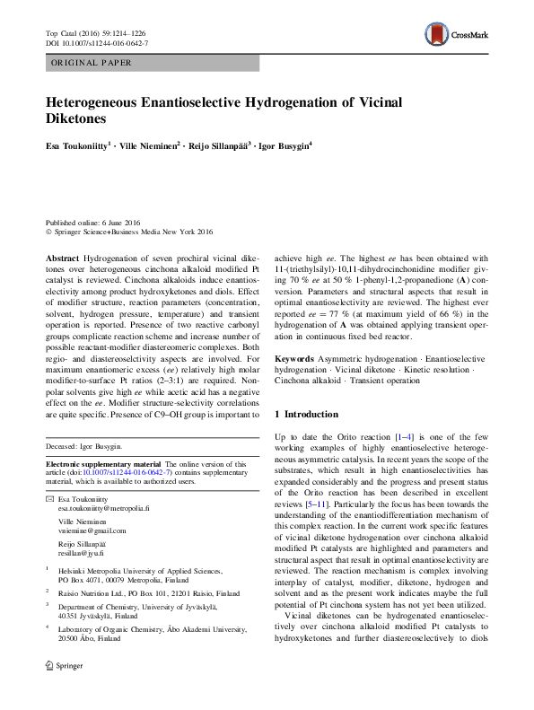 (PDF) Heterogeneous Enantioselective Hydrogenation of Activated Ketones ...