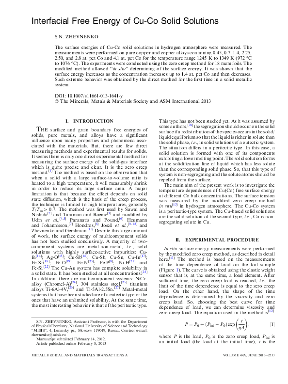(PDF) Interfacial Free Energy of Cu-Co Solid Solutions