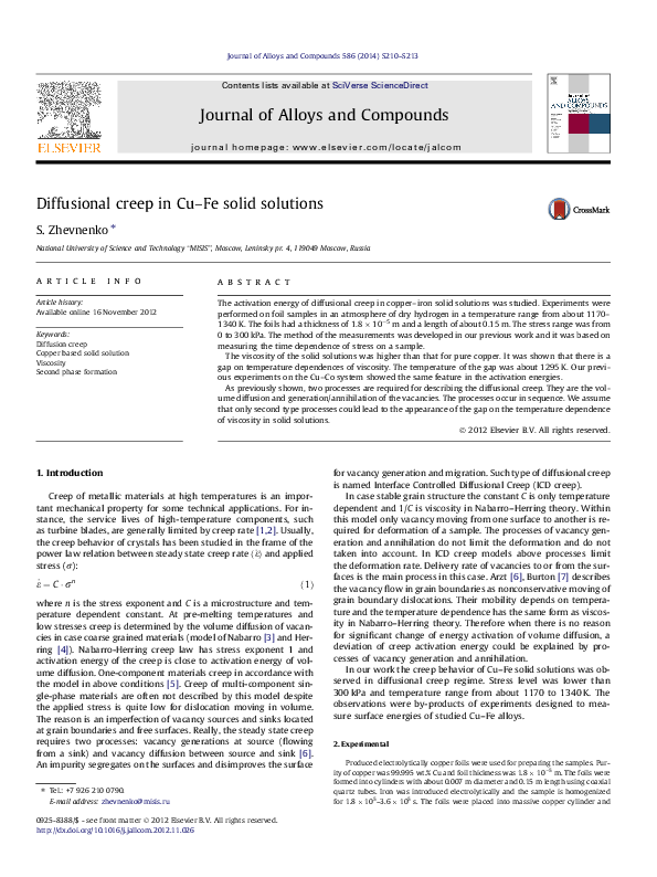 (PDF) Diffusional creep in Cu–Fe solid solutions