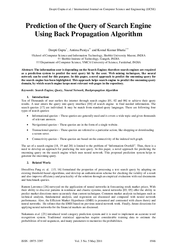 (PDF) Prediction of the Query of Search Engine Using Back Propagation Algorithm