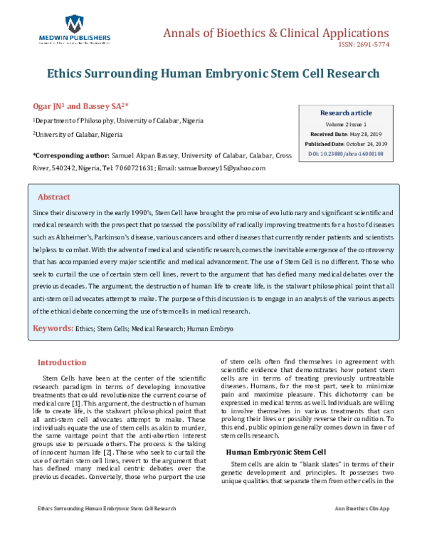 (PDF) Ethics Surrounding Human Embryonic Stem Cell Research