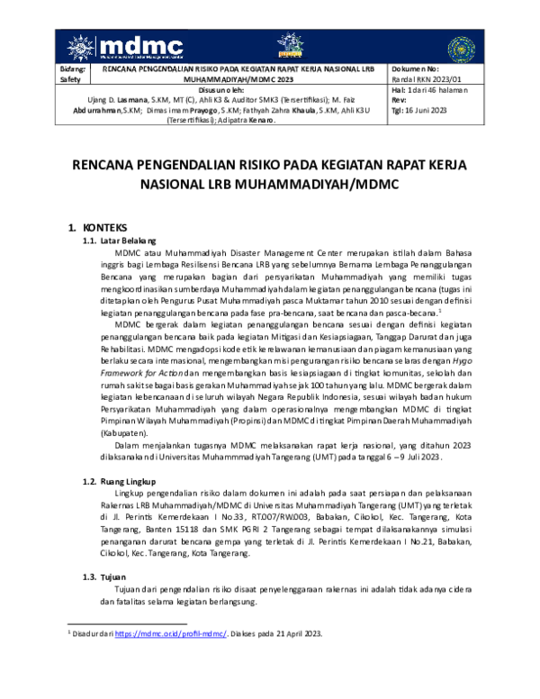 (PDF) RENCANA PENGENDALIAN RISIKO PADA KEGIATAN RAPAT KERJA NASIONAL LRB MUHAMMADIYAH/MDMC 2023