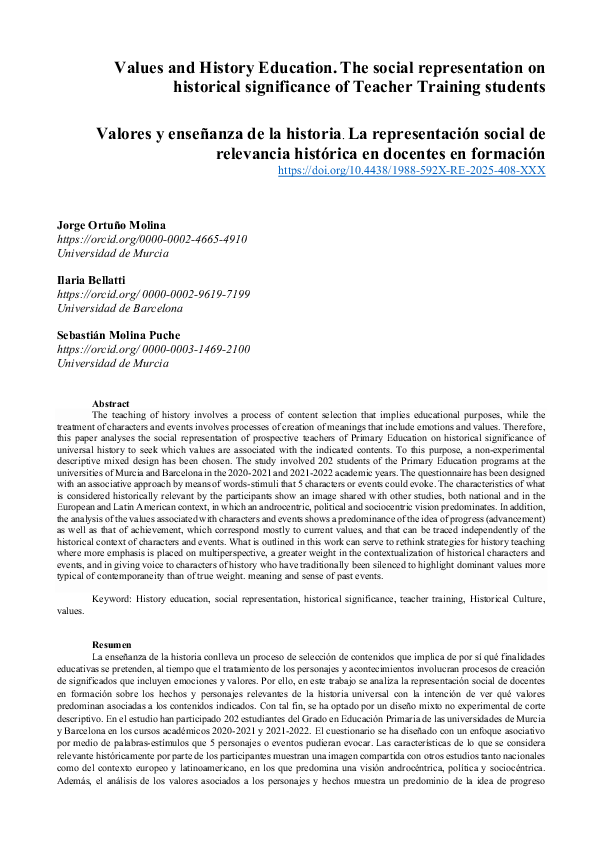 (PDF) Values and History Education. The social representation on ...