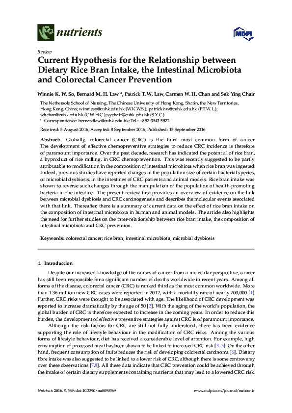 (PDF) Current Hypothesis for the Relationship between Dietary Rice Bran ...