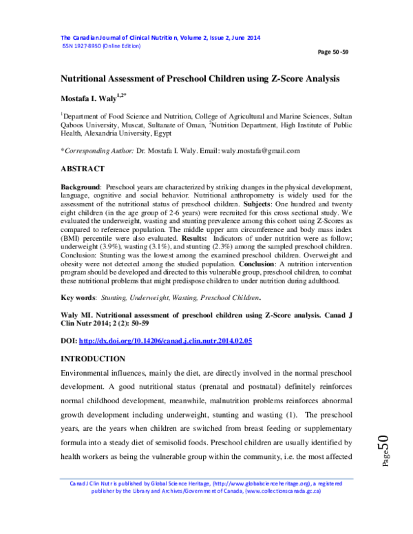 (PDF) Nutritional Assessment of Preschool Children using Z-Score Analysis