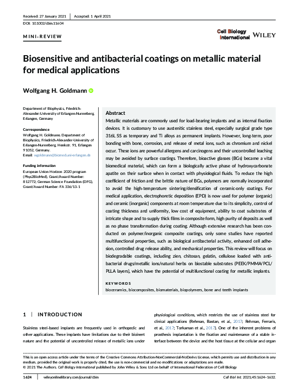 (PDF) Biosensitive and antibacterial coatings on metallic material for ...