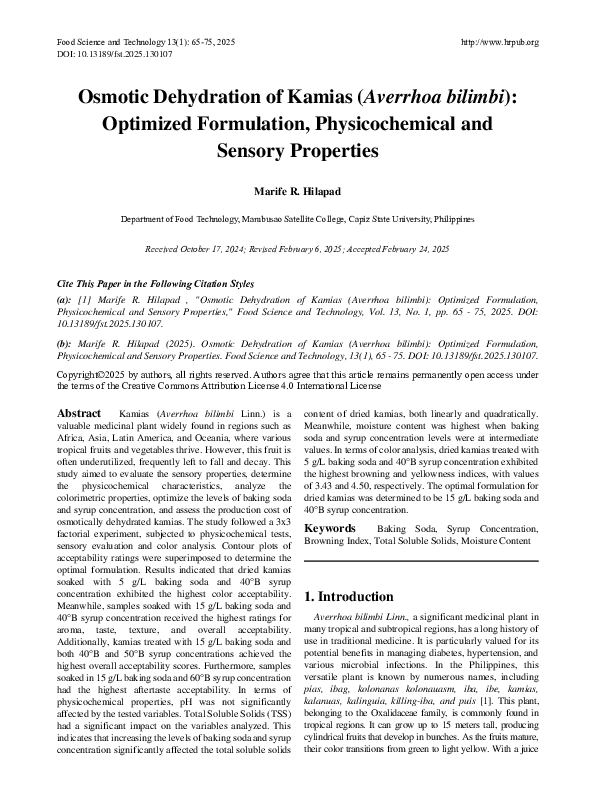 (PDF) Osmotic Dehydration of Kamias (Averrhoa bilimbi): Optimized Formulation, Physicochemical ...