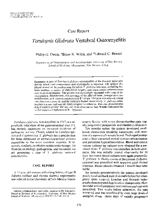 (PDF) Torulopsis Glabrata Vertebral Osteomyelitis