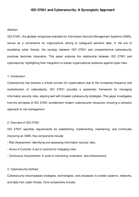 (PDF) ISO 27001 and Cybersecurity: A Synergistic Approach