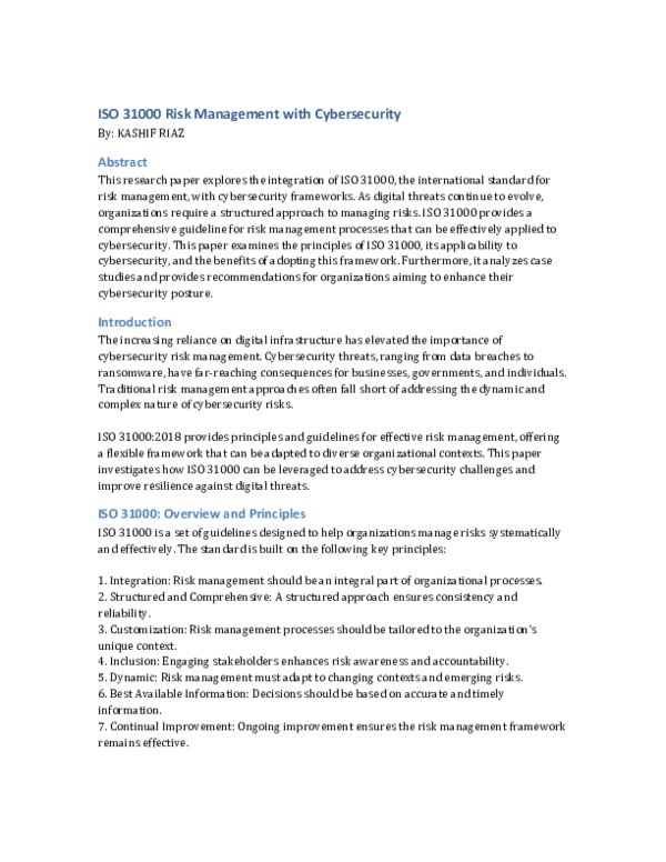 (PDF) ISO 31000 Risk Management with Cybersecurity