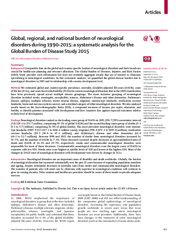 (PDF) Global, regional, and national burden of neurological disorders during 1990-2015: a ...