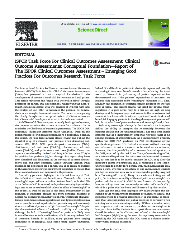 (PDF) ISPOR Task Force For Clinical Outcomes Assessment: Clinical Outcome Assessments ...