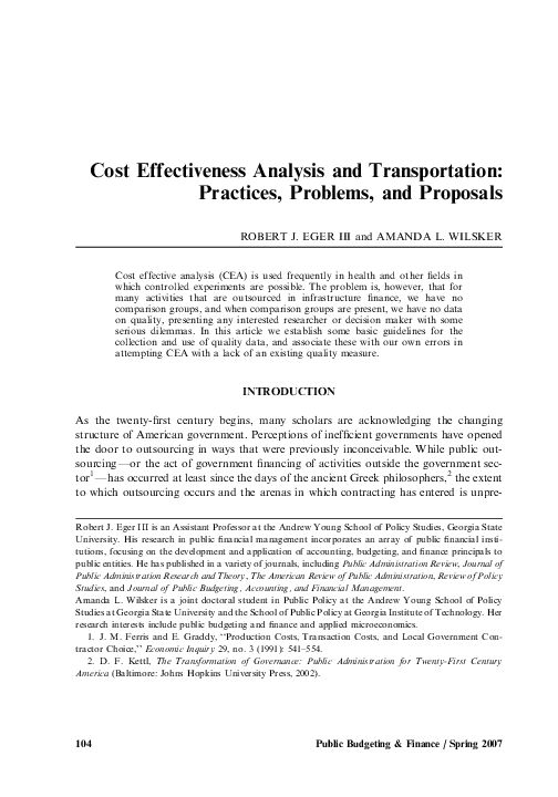 (PDF) Cost Effectiveness Analysis and Transportation: Practices, Problems, and Proposals