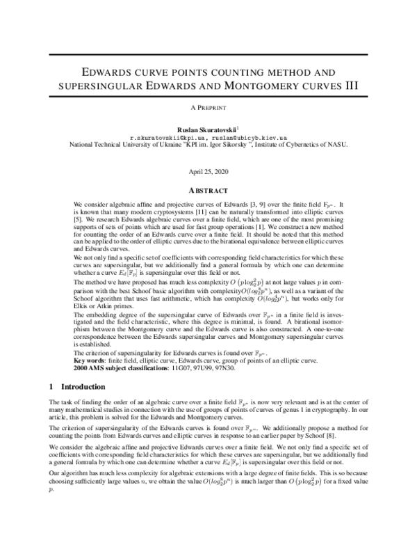 (PDF) Edwards curve points counting method and supersingular Edwards ...