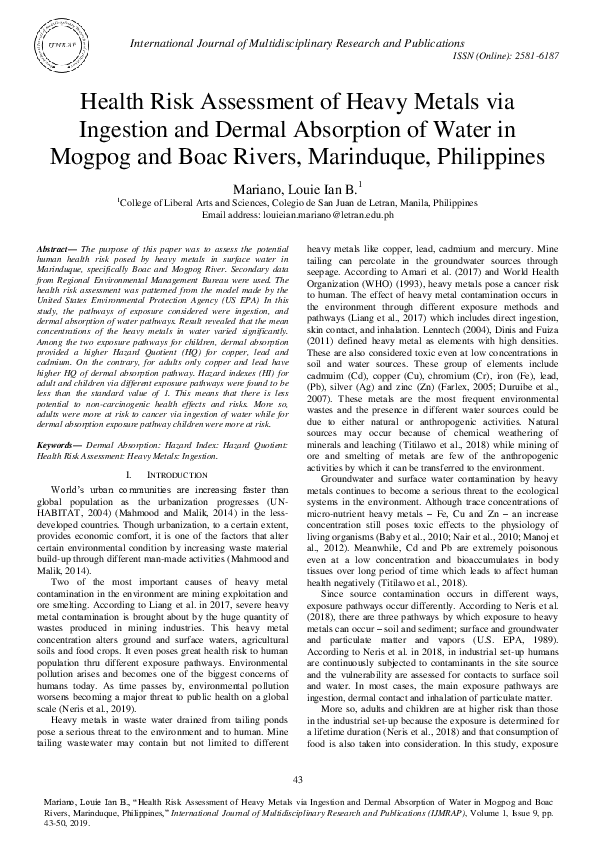 (PDF) Health Risk Assessment of Heavy Metals via Ingestion and Dermal ...