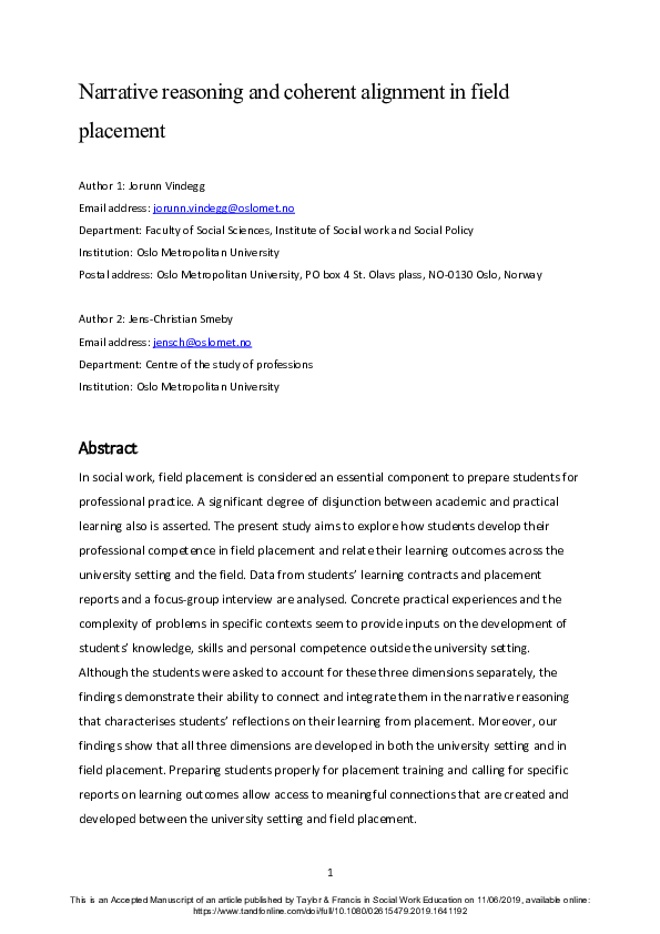 (PDF) Narrative reasoning and coherent alignment in field placement