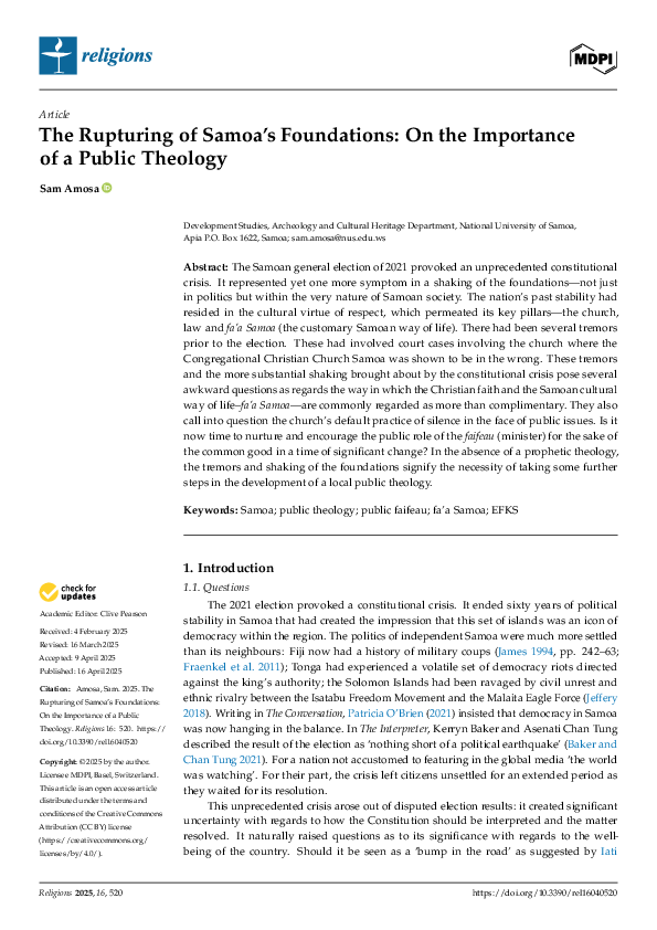 (PDF) The Rupturing of Samoa's Foundations: On the Importance of a ...