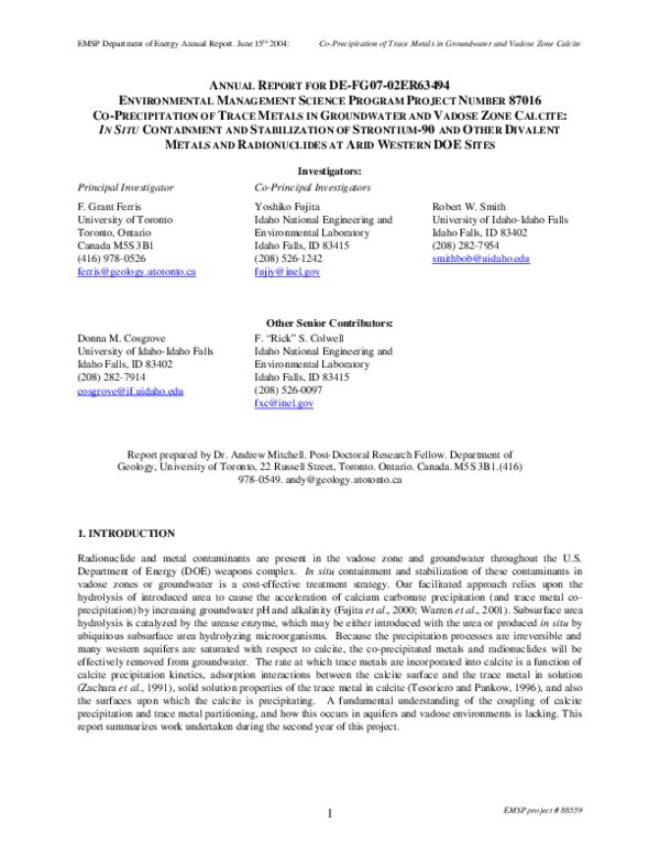 (PDF) Environmentalmanagement Science Program Project Number 87016 Co-Precipitation of ...