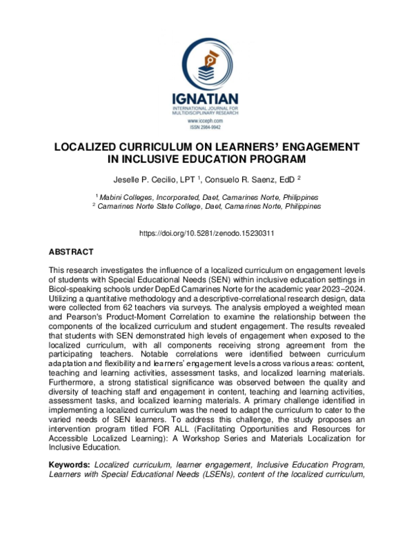 (PDF) LOCALIZED CURRICULUM ON LEARNERS' ENGAGEMENT IN INCLUSIVE ...
