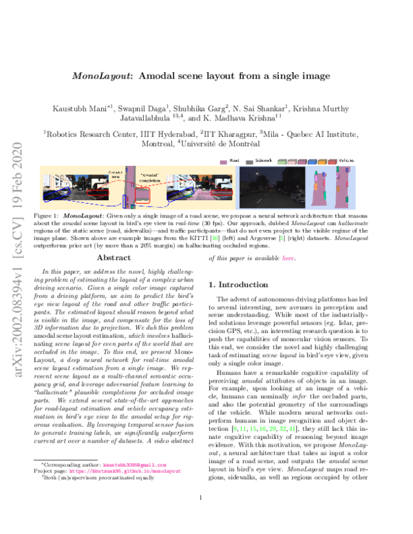 (PDF) MonoLayout: Amodal scene layout from a single image