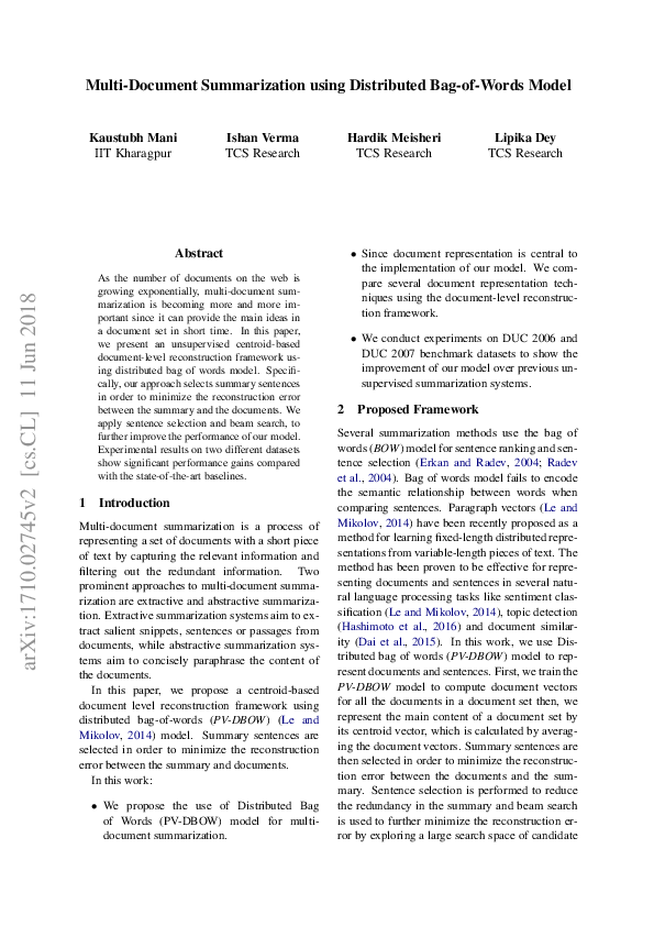 (PDF) Multi-Document Summarization using Distributed Bag-of-Words Model