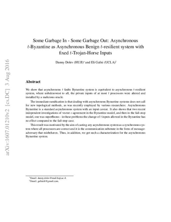 (PDF) Some Garbage In - Some Garbage Out: Asynchronous t-Byzantine as Asynchronous Benign t ...