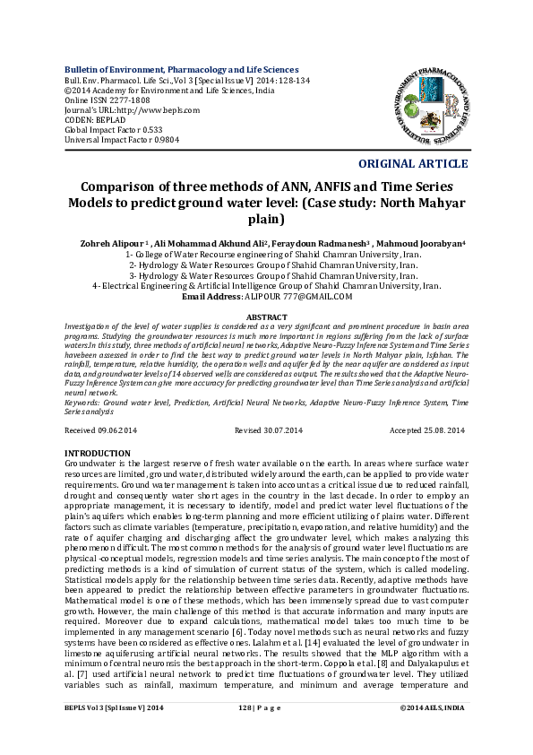 (PDF) Comparison of three methods of ANN , ANFIS and Time Series Models to predict ground water ...