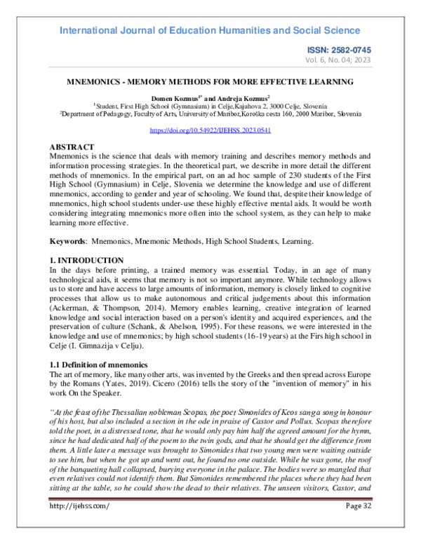 (PDF) Mnemonics - Memory Methods for More Effective Learning