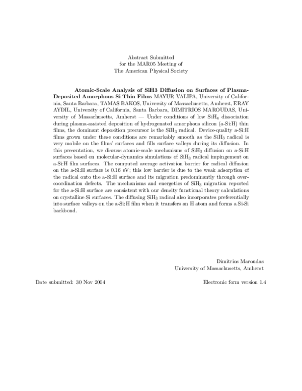 (PDF) Atomic-Scale Analysis of SiH3 Diffusion on Surfaces of Plasma ...