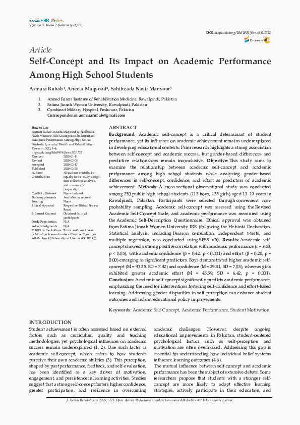 (PDF) Self-Concept and Its Impact on Academic Performance Among High School Students