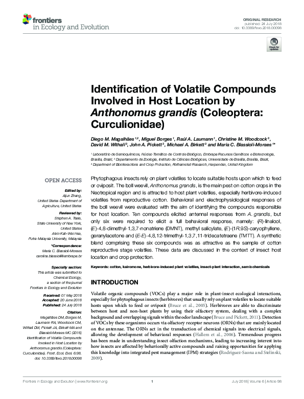 (PDF) Identification of Volatile Compounds Involved in Host Location by ...