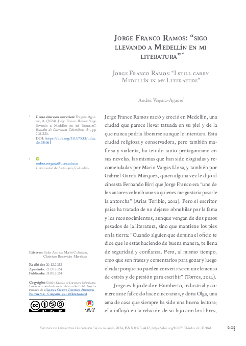 (PDF) Jorge Franco Ramos: “sigo llevando a Medellín en mi literatura”