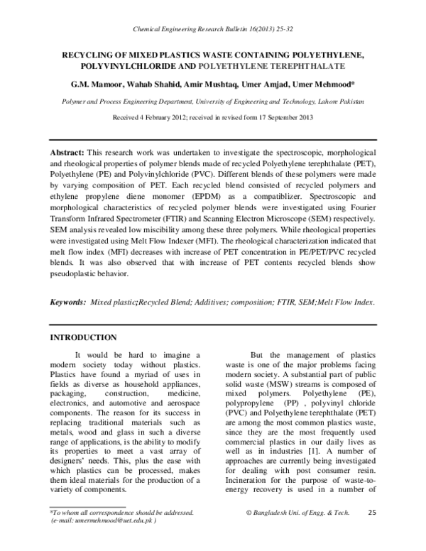 (PDF) Recycling of Mixed Plastics Waste Containing Polyethylene, Polyvinylchloride and ...