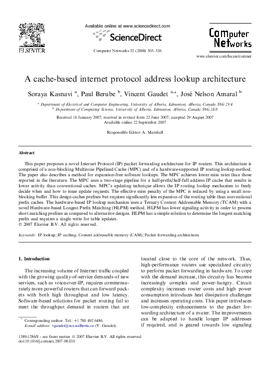 (PDF) A cache-based internet protocol address lookup architecture