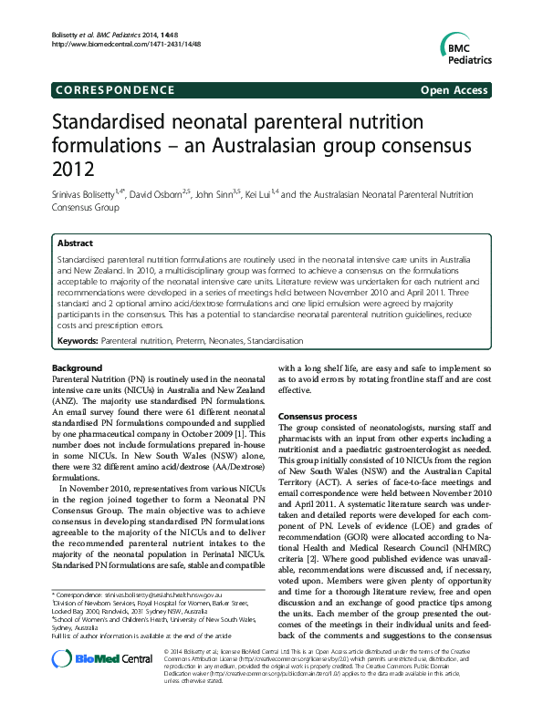 (PDF) Standardised neonatal parenteral nutrition formulations – an ...