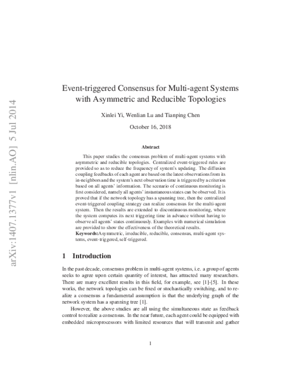 (PDF) Event-triggered Consensus for Multi-agent Systems with Asymmetric and Reducible Topologies