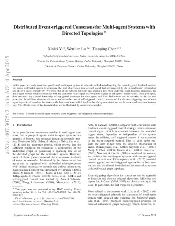(PDF) Distributed event-triggered consensus for multi-agent systems ...